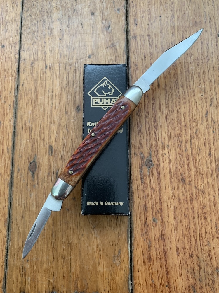 Puma Knife: 1990's Puma Bantam Folding Knife with Red Jigged Bone Handle