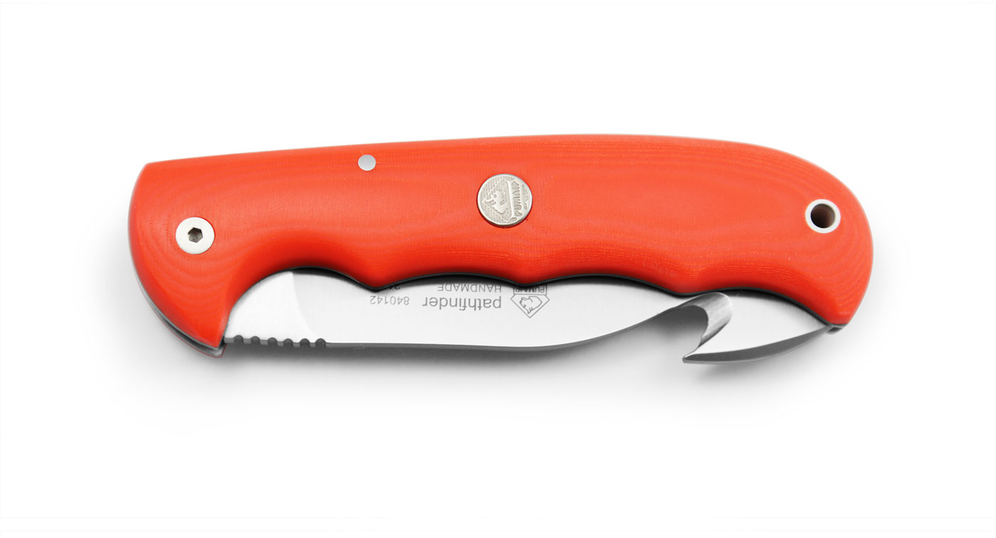 Puma Knife: Puma IP Pathfinder with gut hook, Orange Micarta Handle