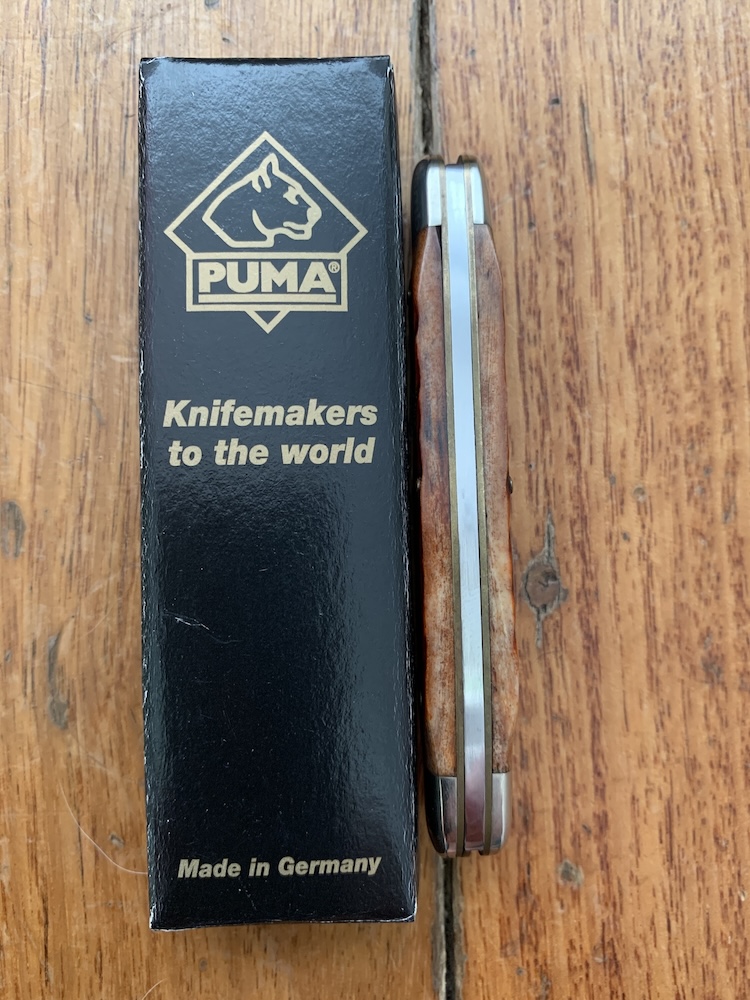 Puma Knife: 1990's Puma Bantam Folding Knife with Red Jigged Bone Handle