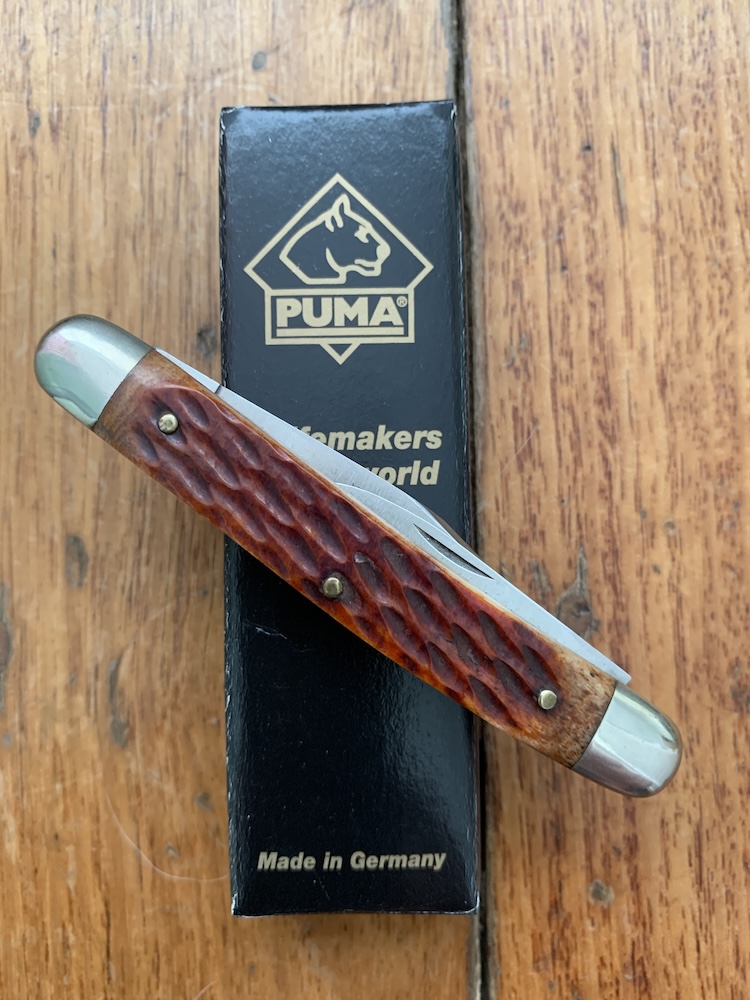 Puma Knife: 1990's Puma Bantam Folding Knife with Red Jigged Bone Handle