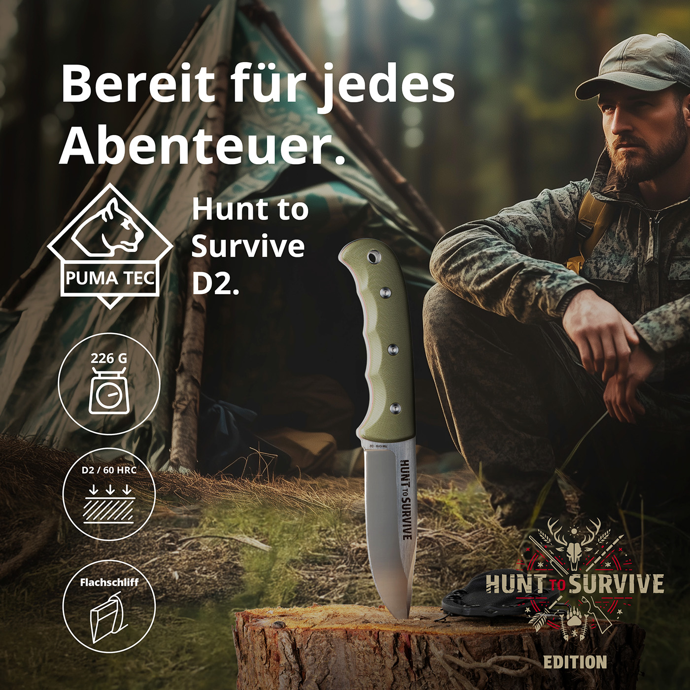 Puma Knife: Puma Hunt To Survive PUMA TEC D2 Knife with Kydex Sheath