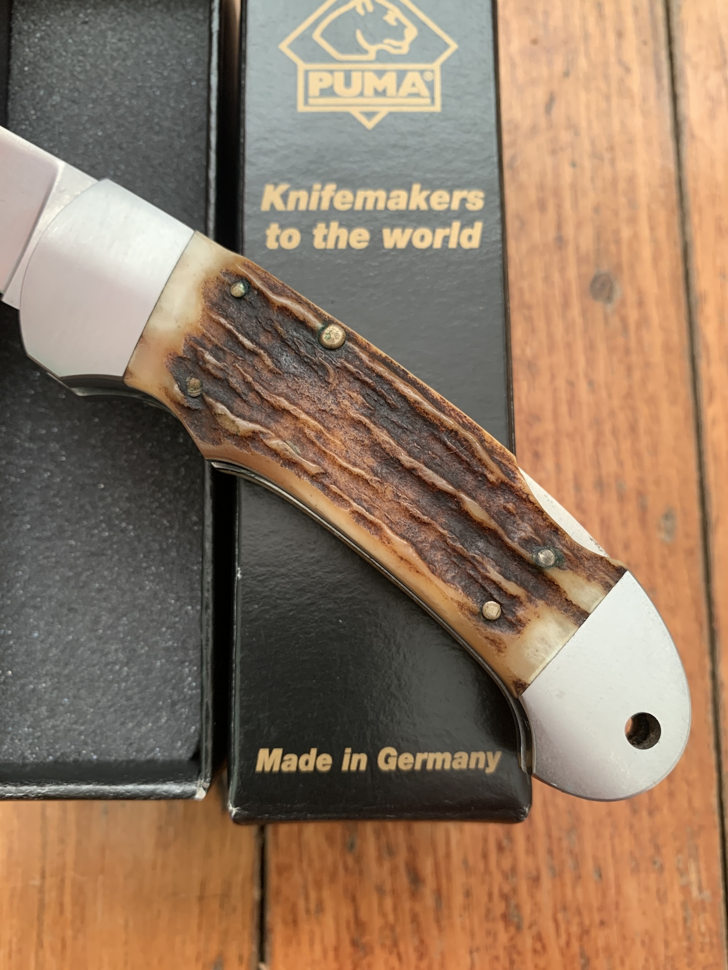 Puma Knife: Puma 1998 Custom Stag Antler Handled Lock Back Folding Knife