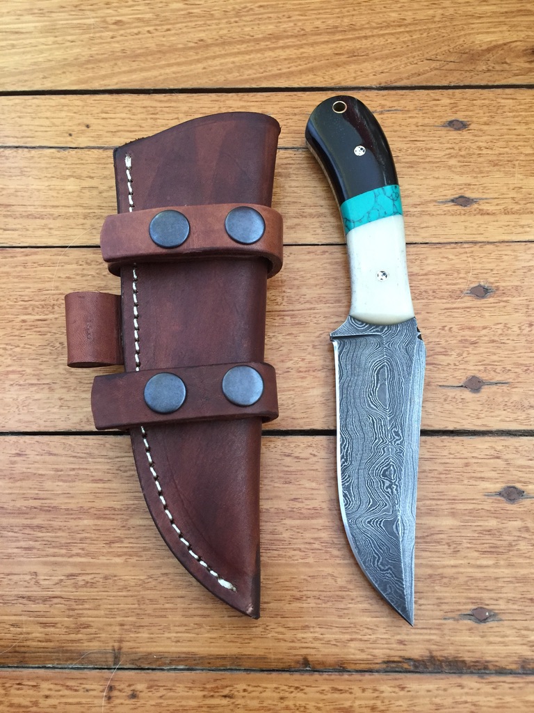 CFK Knife:Damascus Camel-Bone Turquoise Buffalo-Horn Hunter Knife