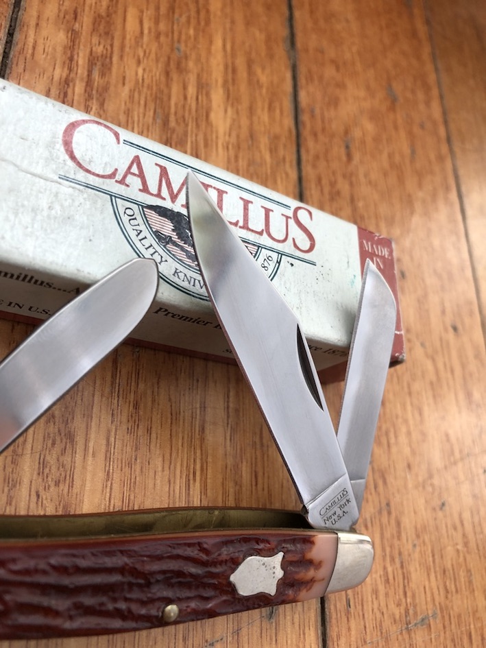 Camillus Premium Stockman 3 Blade Knife with Red bone Delrin Handle