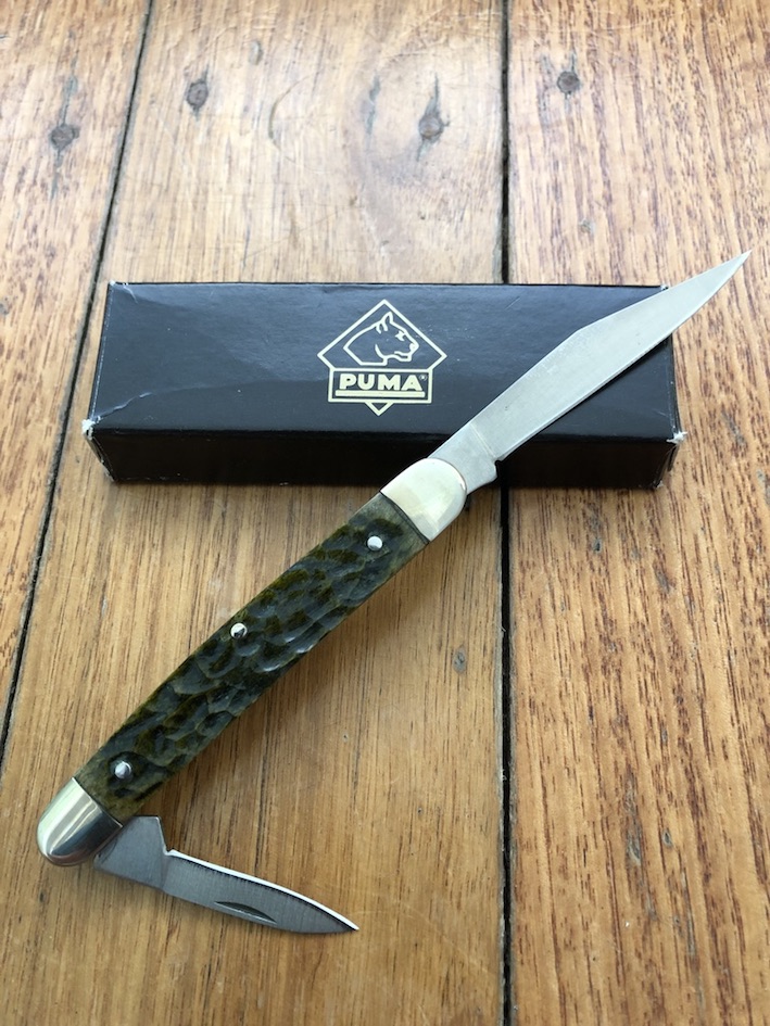 Puma Knife: Puma Bantam Folding Knife with Green Jigged Bone Handle