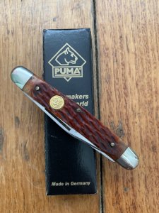 Puma Knife: 1990's Puma Bantam Folding Knife with Red Jigged Bone Handle